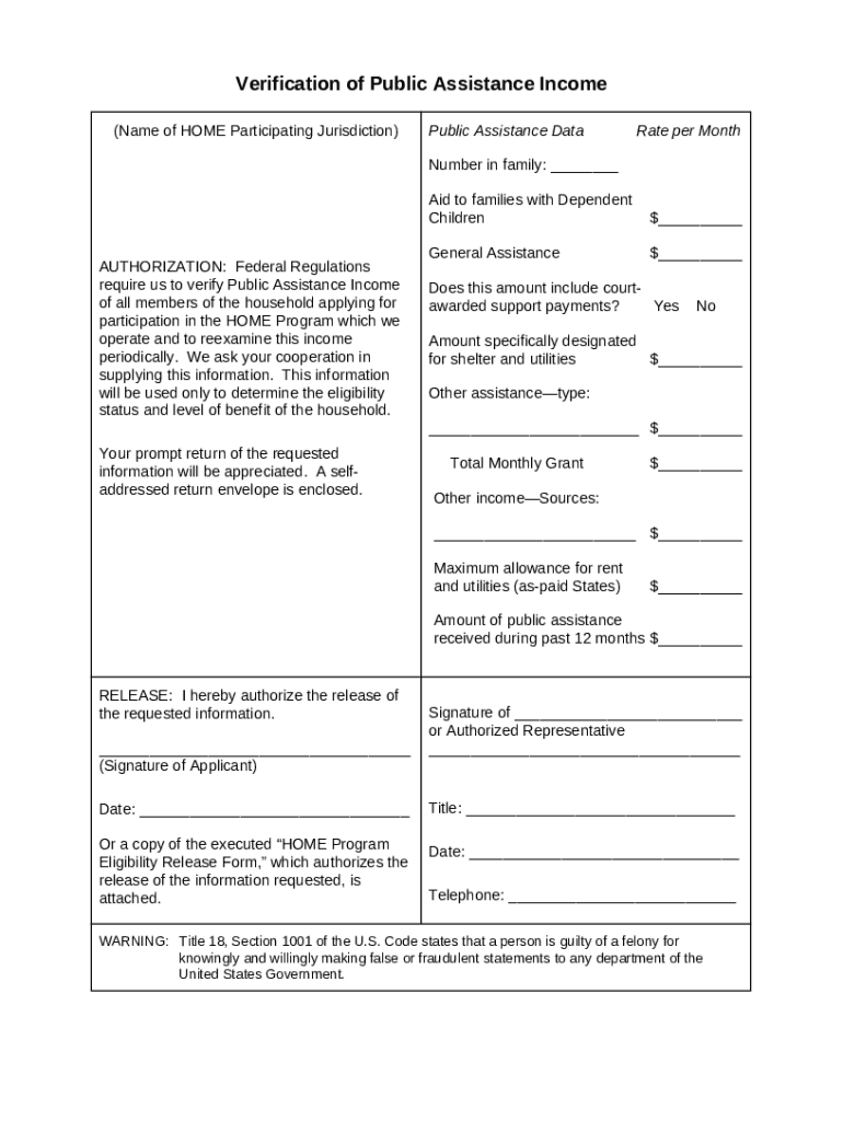 Verification of Public Assistance Program Doc Template | pdfFiller