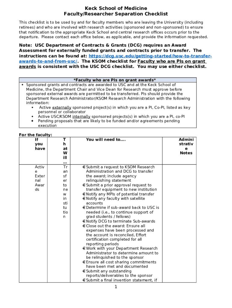 Checklist for Departure of Faculty and Researchers - keck usc Doc Template | pdfFiller