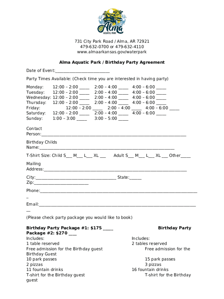 Alma Aquatic Park - Birthday Party Agreement Doc Template | pdfFiller