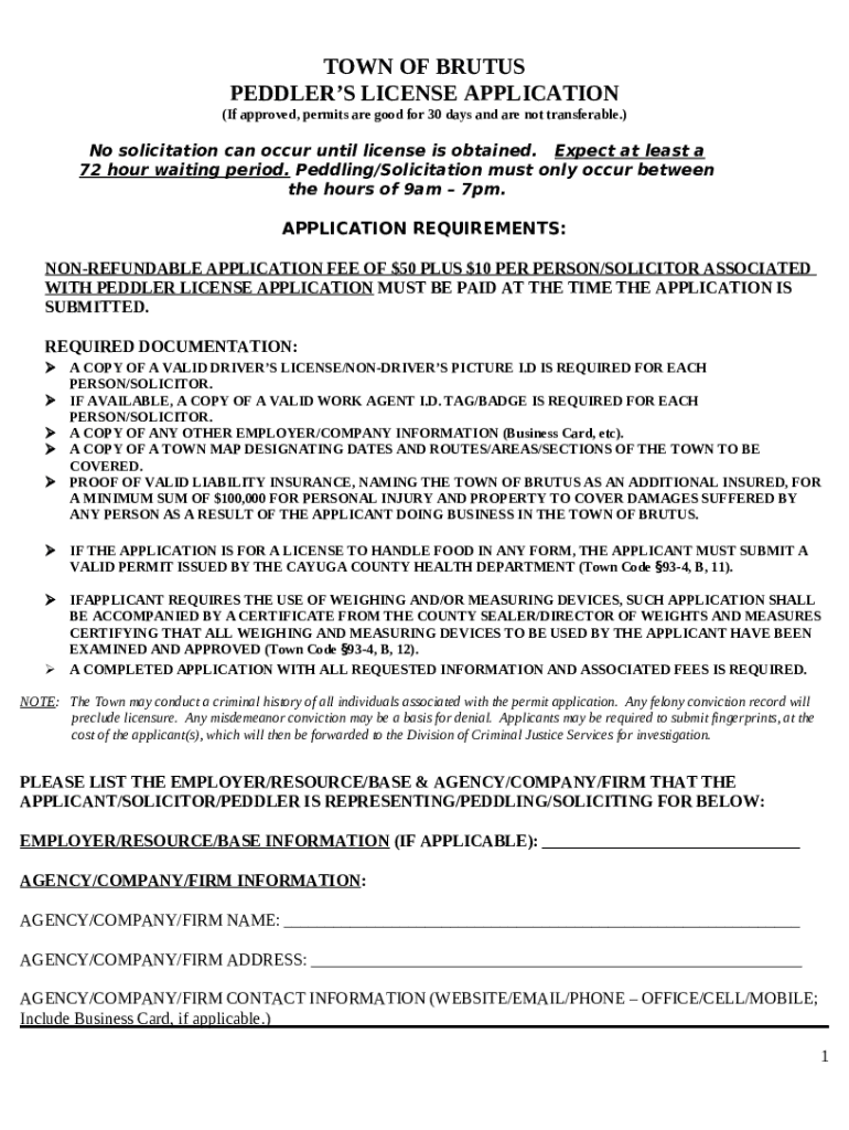 peddler permit application - Town Of Brutus - Digital Towpath Doc ...