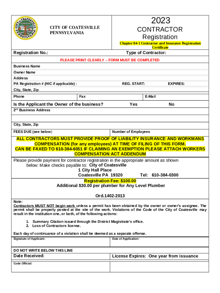 City of Coatesville, PA Contractor Licensing and Insurance ... Doc ...