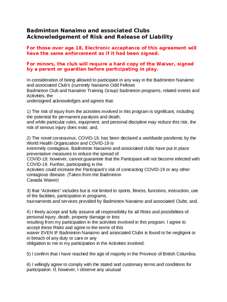 Kelowna Badminton Club Acknowledgement of Risk and ... Doc Template ...