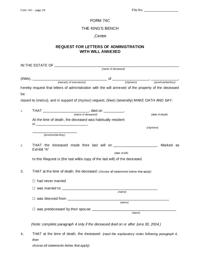 74C: Request for Letters of Administration with Will ... Doc Template ...