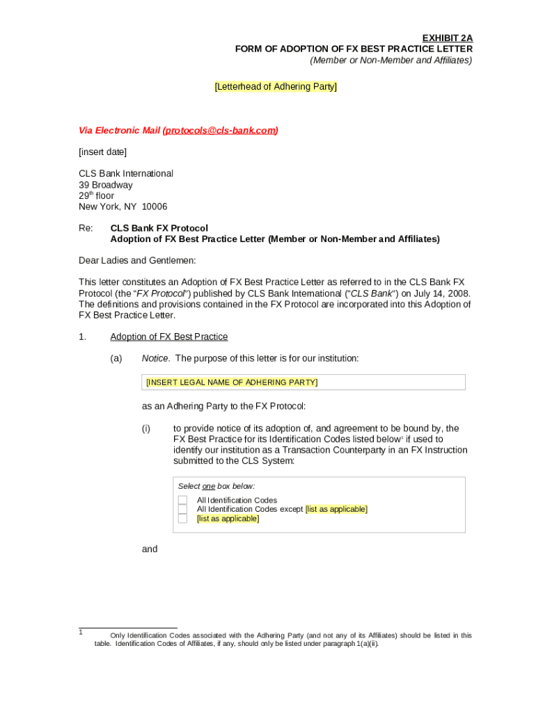 of Adoption of FX Best Practice Letter - Exhibit 2A Doc Template | pdfFiller
