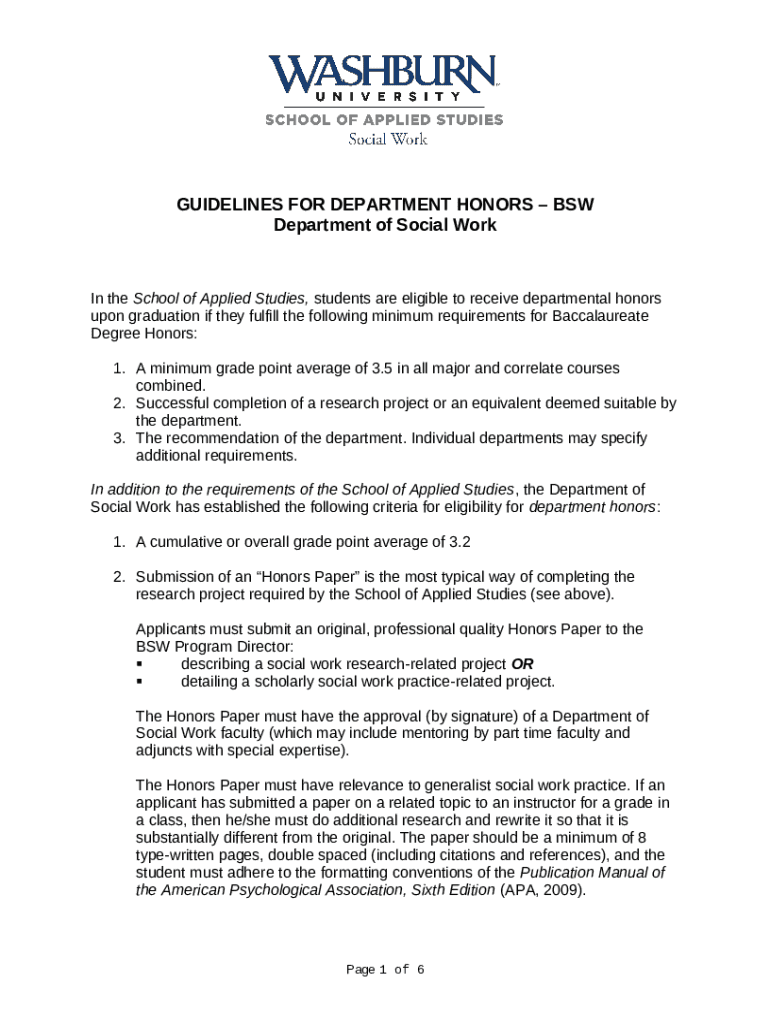 GUIDELINES FOR DEPARTMENT HONORS - BSW Doc Template | pdfFiller