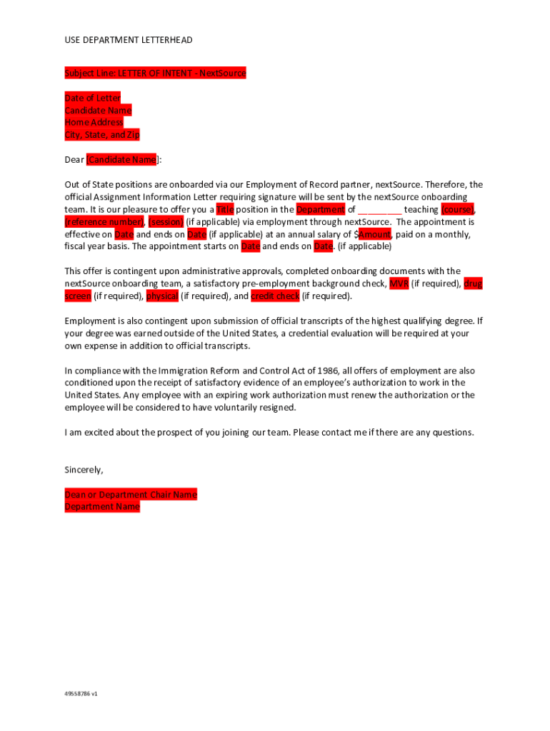 Fillable Online USE DEPARTMENT LETTERHEAD Subject Line: LETTER OF ...