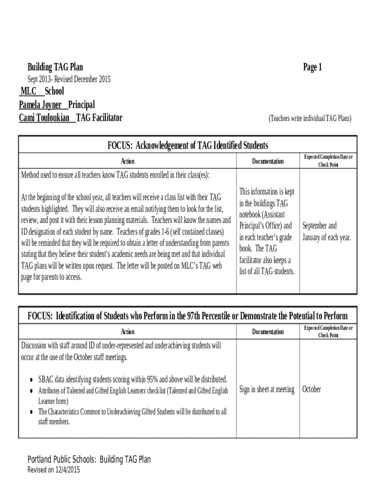 FOCUS: Acknowledgement of TAG Identified Students Doc Template | pdfFiller