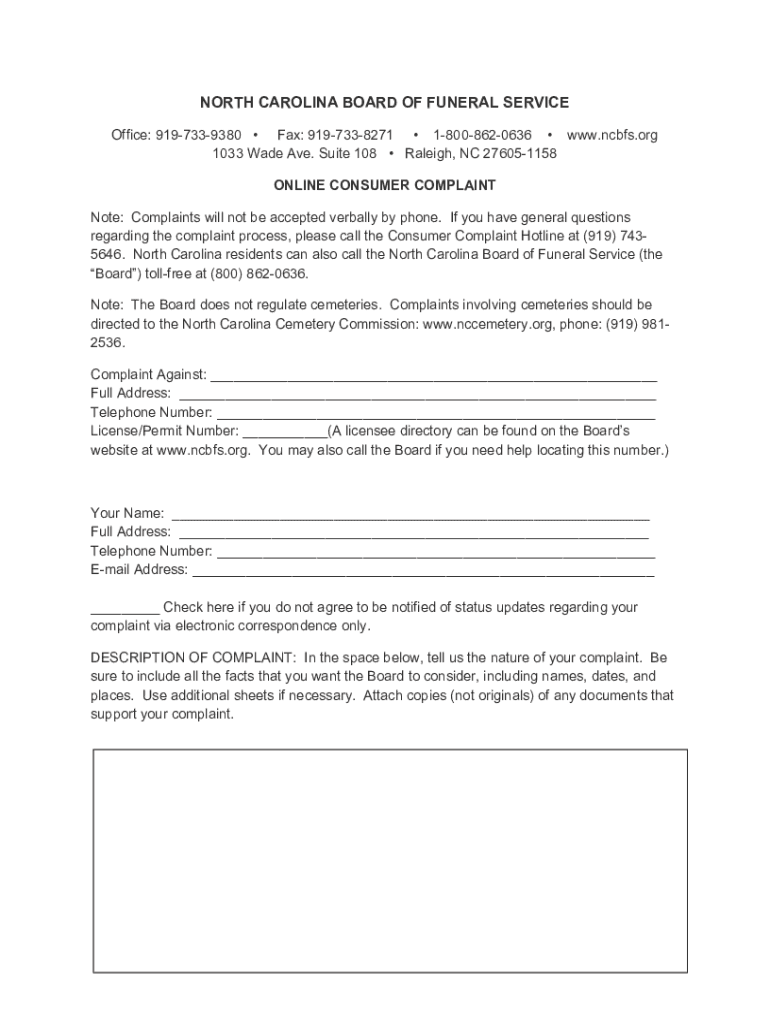 Fillable Online About the North Carolina Board of Funeral Service (NCBFS) Fax Email Print ...