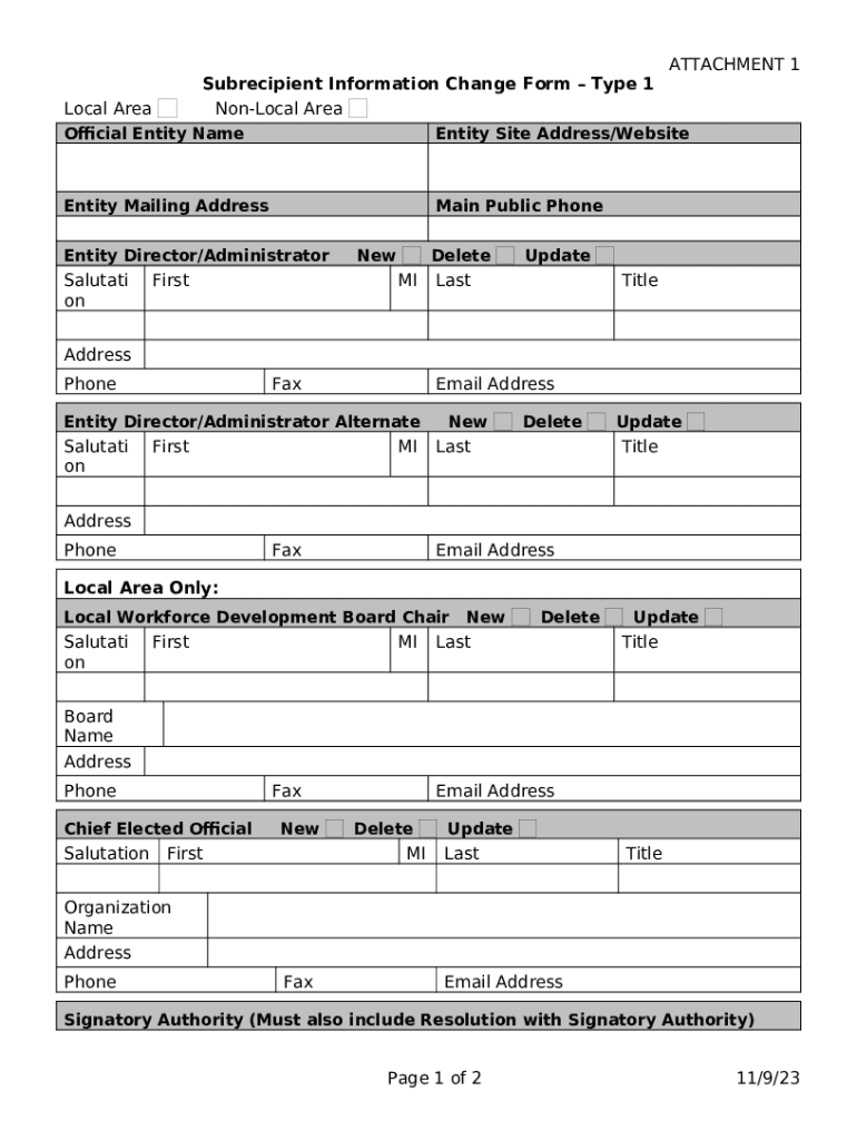 Subrecipient Ination Change Type 1 - edd ca Doc Template | pdfFiller