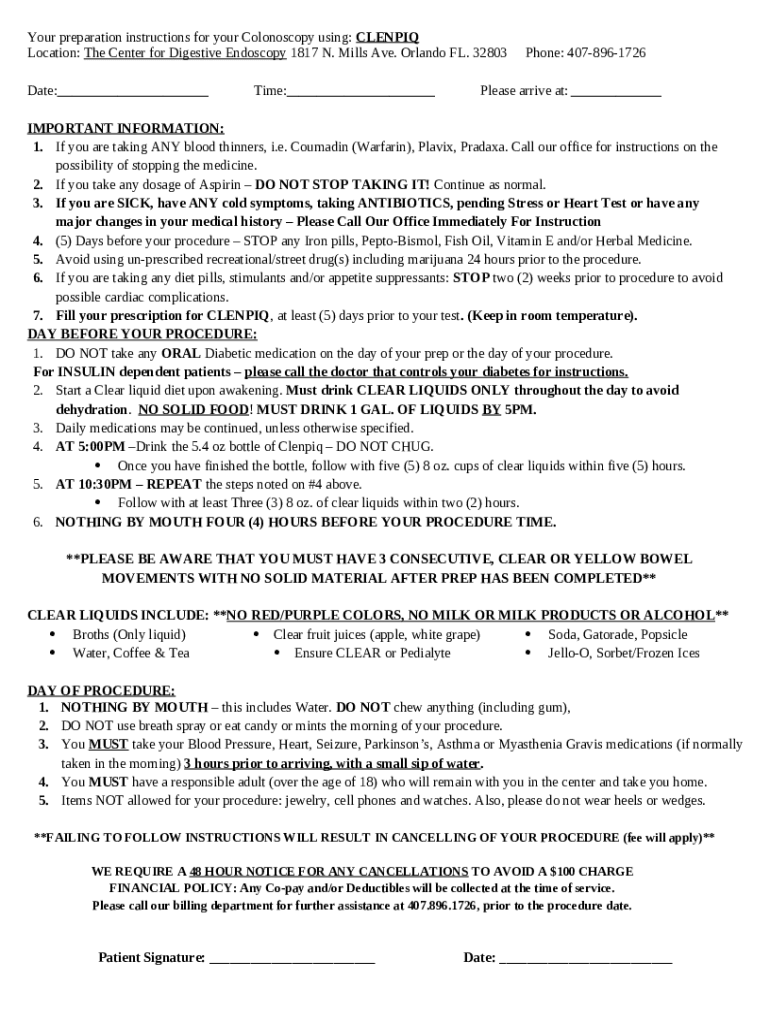 COLONOSCOPV BOWEL PREP INSTRUCTIONS CLENPIQ Doc Template | pdfFiller