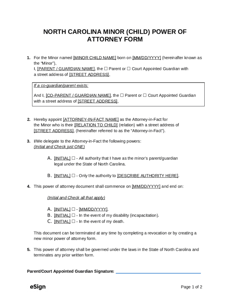 North Carolina Minor Power of Attorney Form - Blank Fillable Template ...