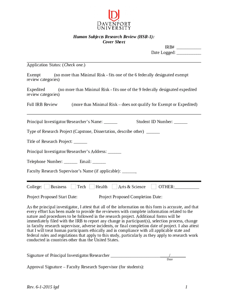 HSR - 1 Cover Sheet & - My Davenport Doc Template | pdfFiller