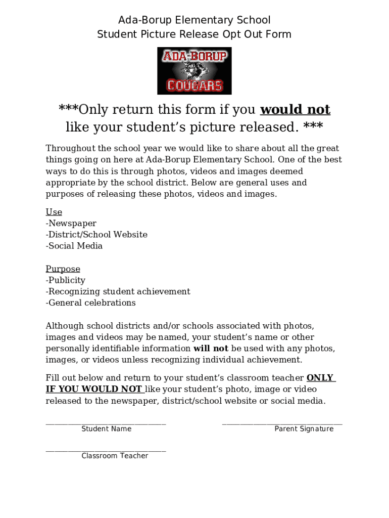 Student Picture Release Opt Out Doc Template | pdfFiller