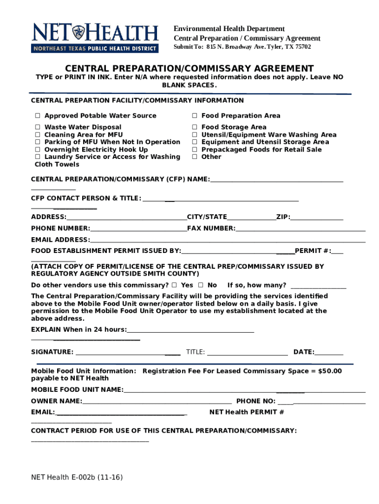 Commissary/Service Area Authorization Agreement Doc Template | pdfFiller