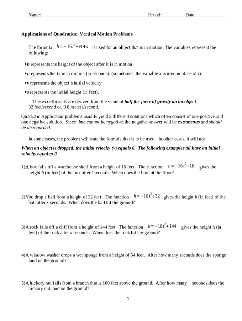 Algebra Worksheet - Quadratics 8 - Application ... Doc Template | pdfFiller