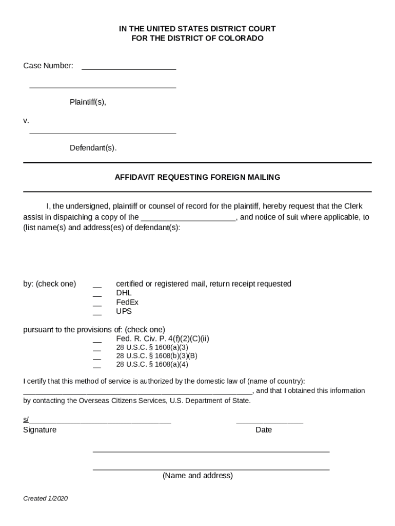 AFFIDAVIT REQUESTING FOREIGN MAILING Doc Template | pdfFiller