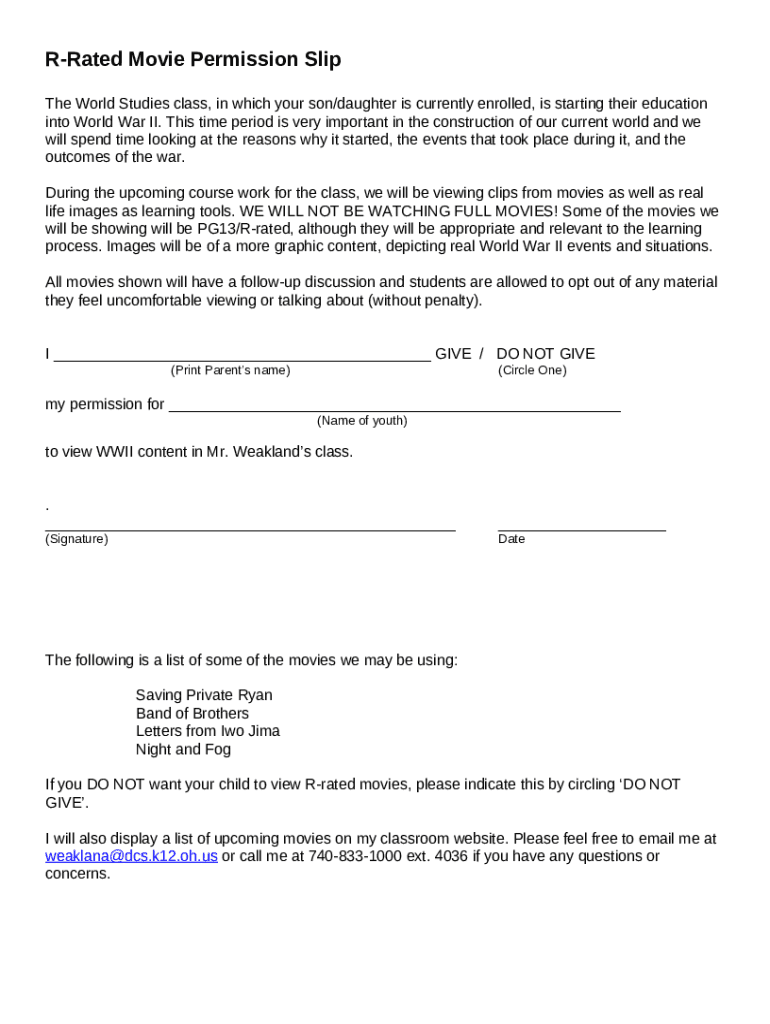 Rated R Permission Slips.doc - Dear Parent/Guardian Your... Doc ...