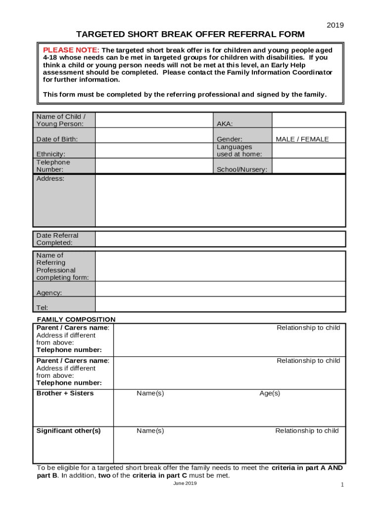 Targeted Short Break Referral Doc Template | pdfFiller