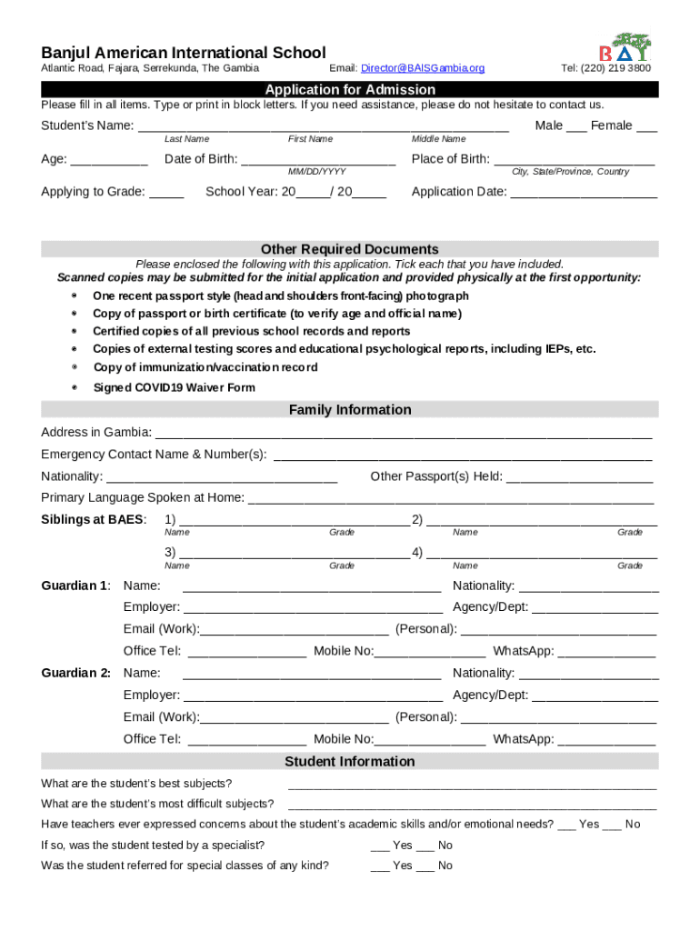 Banjul American International School: 2023-2024 Fact Sheet Doc Template | pdfFiller