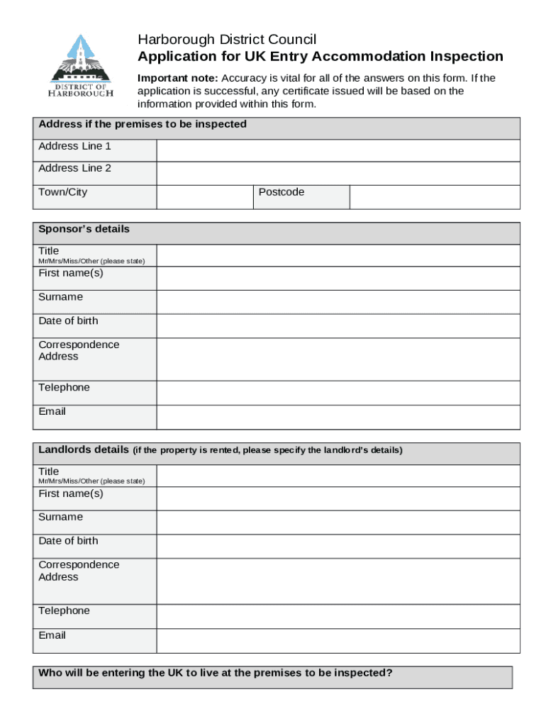 Application for UK Entry Accommodation Inspection Doc Template | pdfFiller