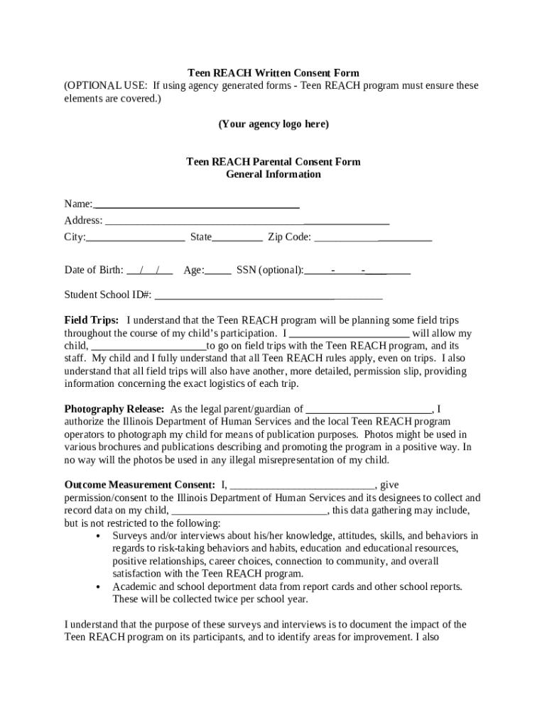 Teen REACH Parental Consent Doc Template | pdfFiller