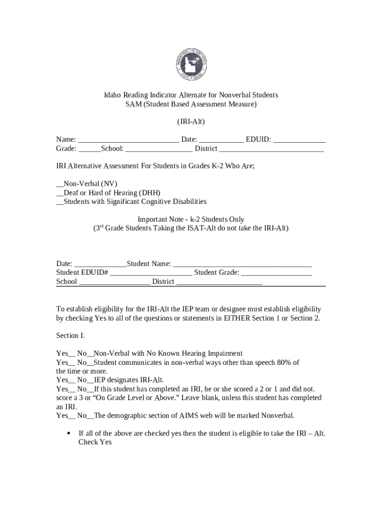 Idaho Reading Indicator Alternate (IRI Alt) Cover Sheet Doc Template ...