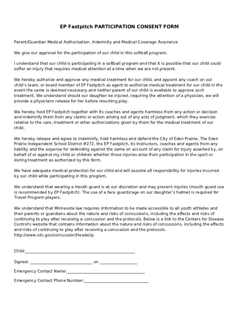 EP Fastpitch PARTICIPATION CONSENT Doc Template | pdfFiller