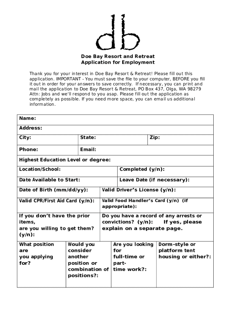 Doe Bay Resort & Retreat Application for Employment Doc Template ...