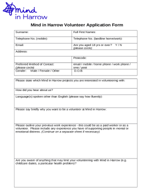 Mind in Harrow Volunteer Application Doc Template | pdfFiller