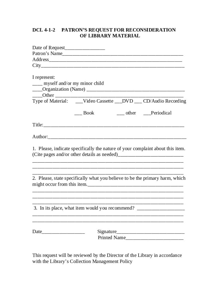 PATRON'S REQUEST FOR RECONSIDERATION - dunklin-co lib mo Doc Template ...