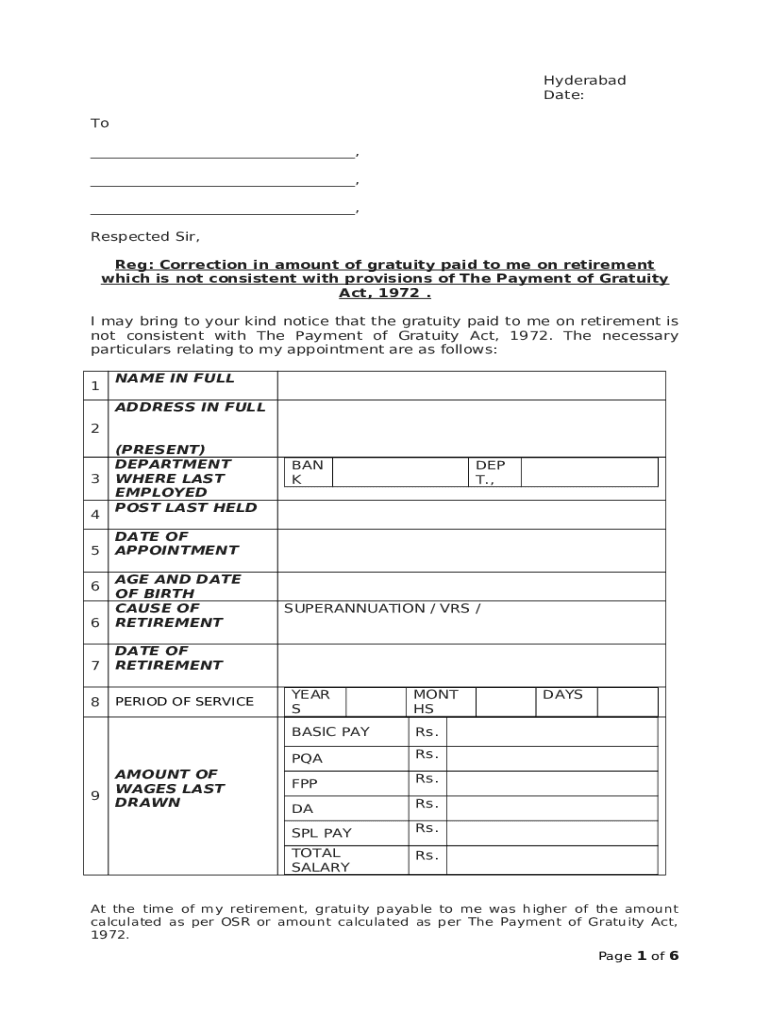 Gratuity Claim Doc Template | pdfFiller