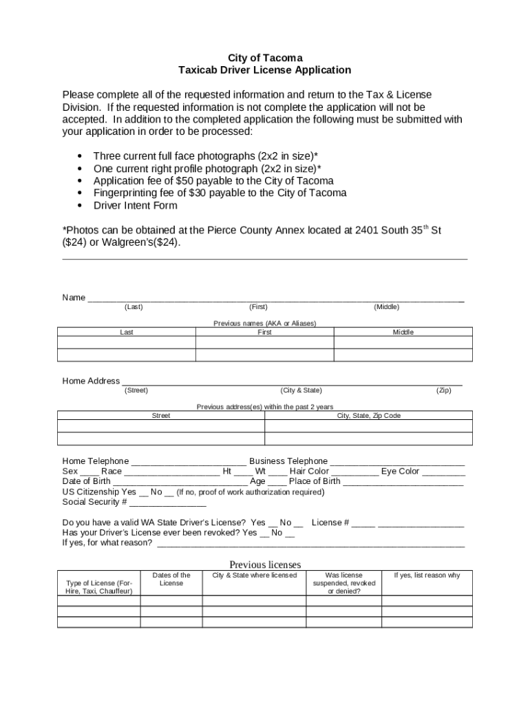 City of Tacoma Taxicab Driver License Application Doc Template | pdfFiller