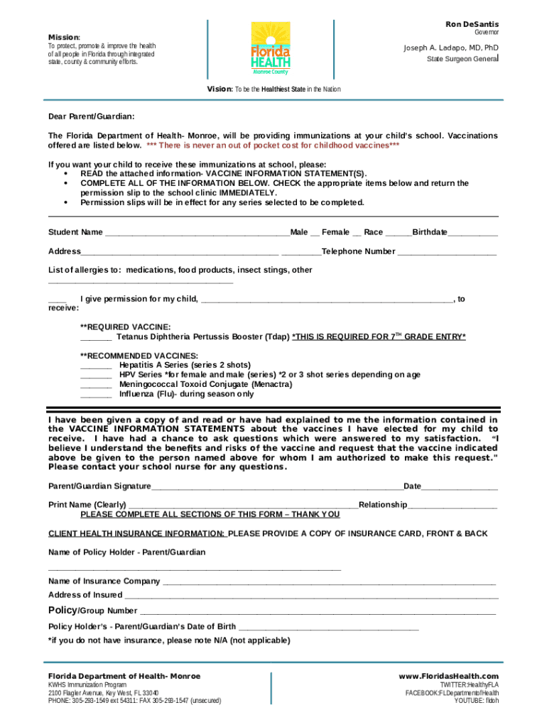 Dear Parent/Guardian: The Florida Department of Health Doc Template | pdfFiller