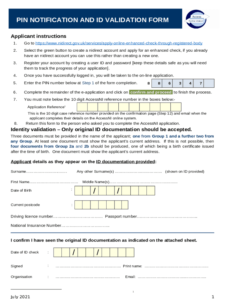 PIN notification and ID validation for responsible bodies Doc Template | pdfFiller
