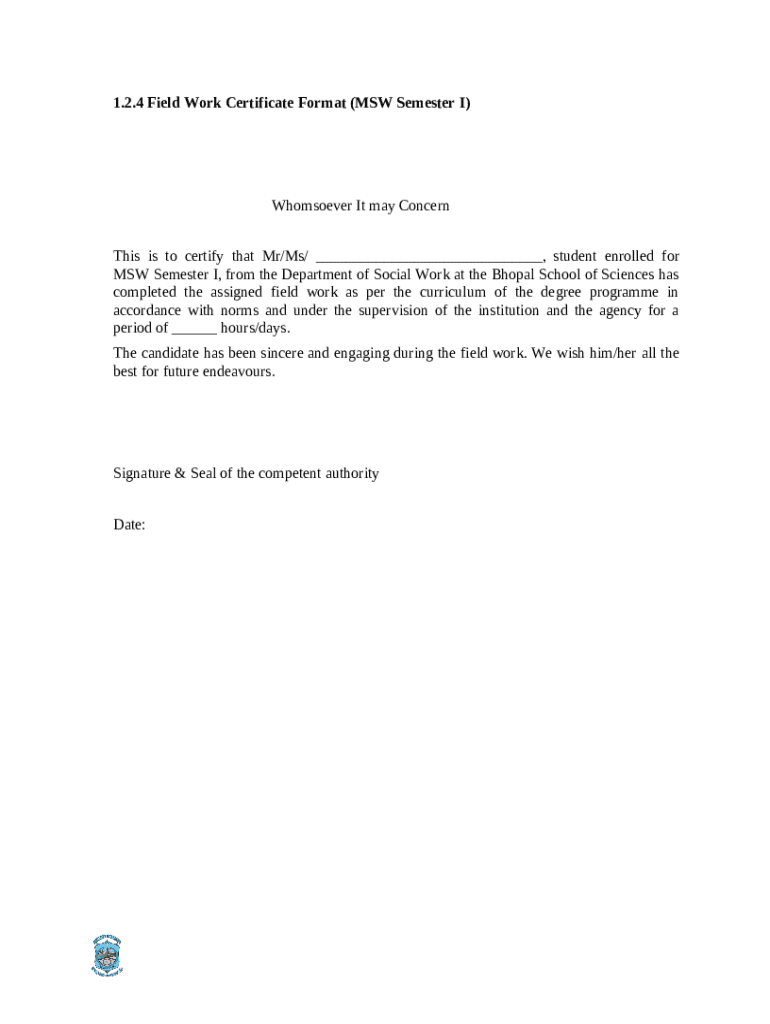4 Field Work Certificate at (MSW Semester I) - bsssbhopal edu Doc Template | pdfFiller