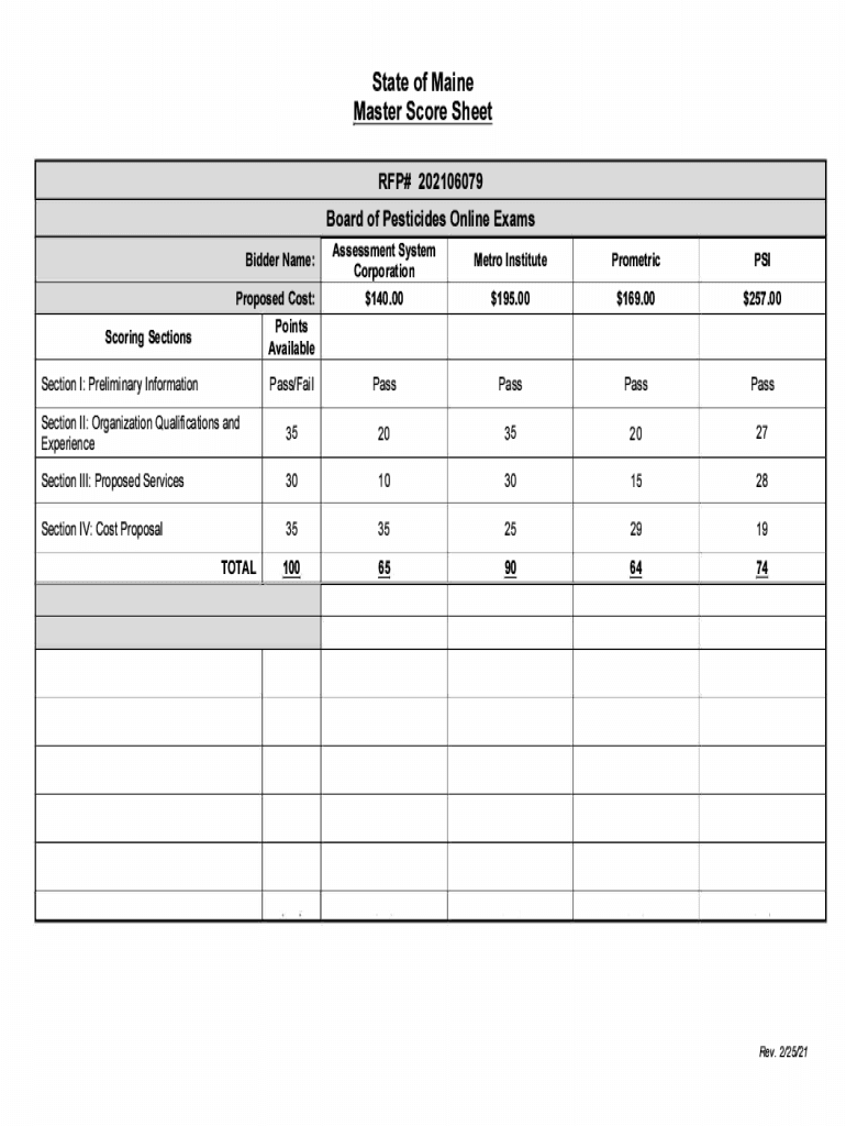 Fillable Online State of Maine Master Score Sheet - RFP# 202106079 ...