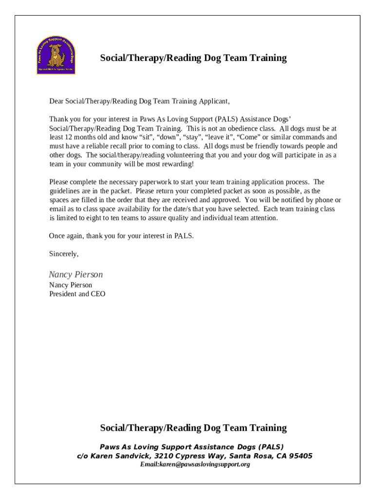 Paws As Loving Support (PALS) Assistance Dogs Doc Template | pdfFiller