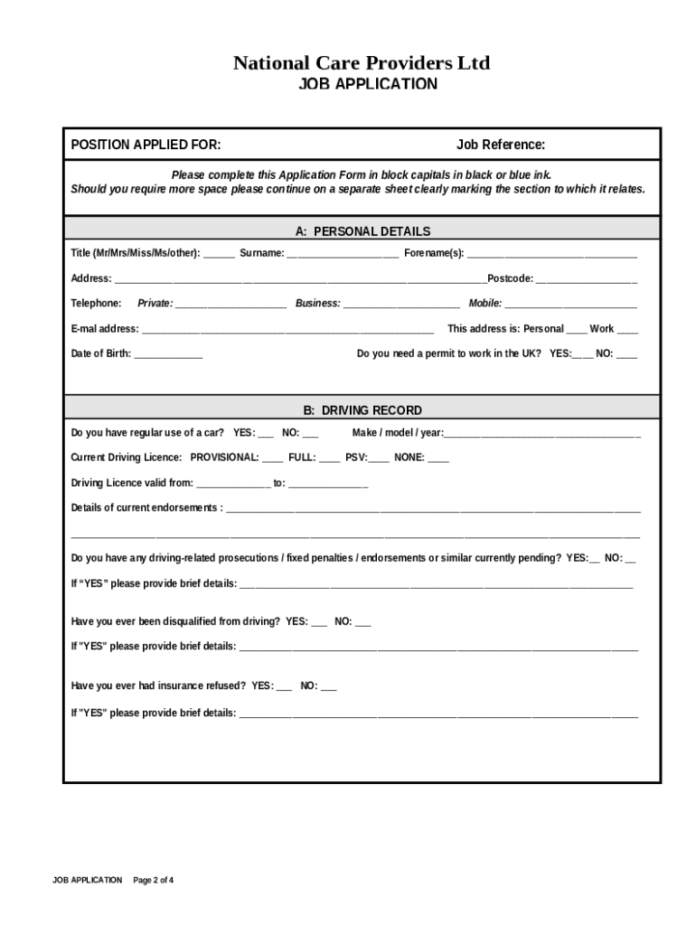National Care Providers Ltd JOB APPLICATION Doc Template | pdfFiller