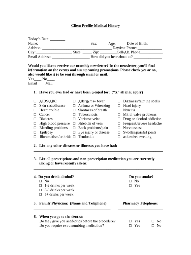 Patient Profile-Medical History Doc Template | pdfFiller
