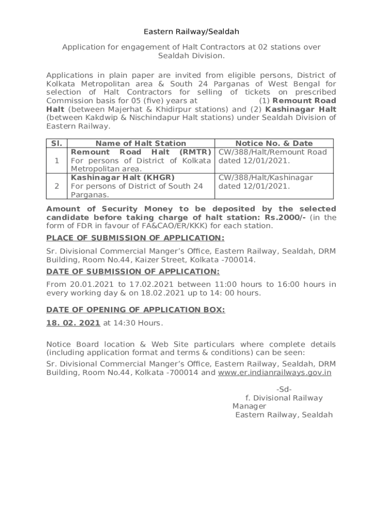 EASTERN RAILWAY Application for engagement of Halt ... Doc Template ...
