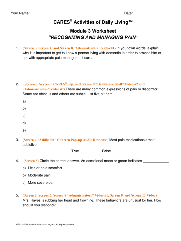 Fillable Online Module 3 Worksheet: Recognizing and Managing Pain Fax ...