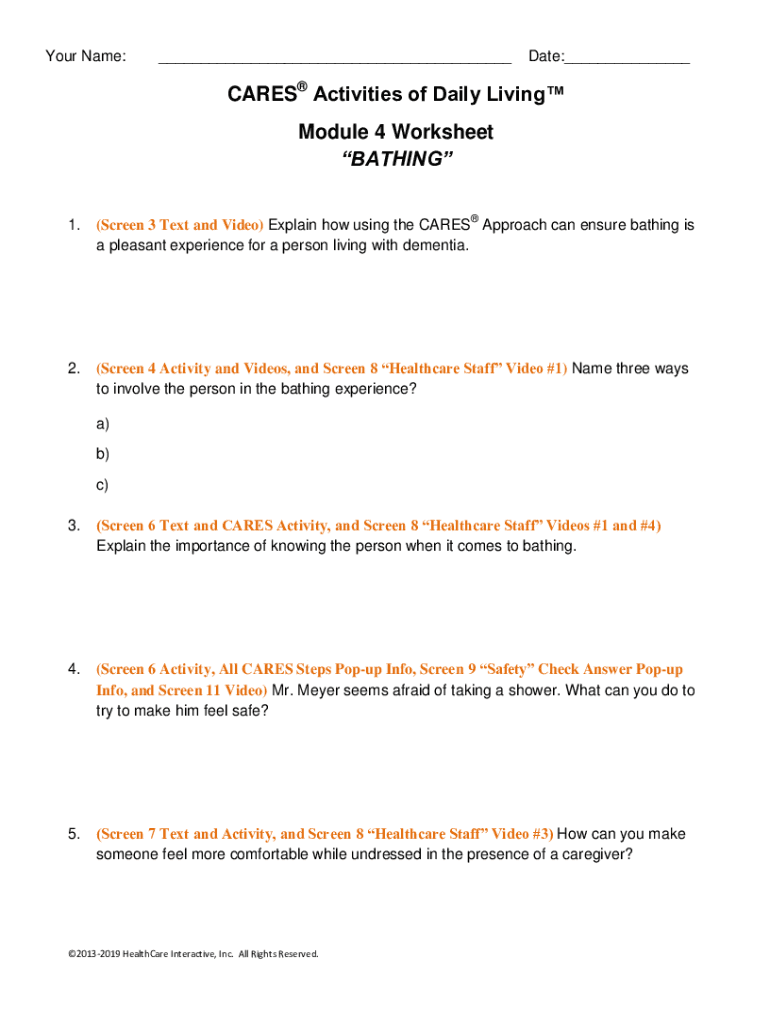 Fillable Online Module 4 Worksheet: Bathing - HealthCare Interactive ...