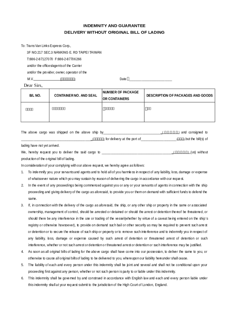LETTER OF INDEMNITY TO BE GIVEN IN RETURN FOR DELIVERING CARGO ...