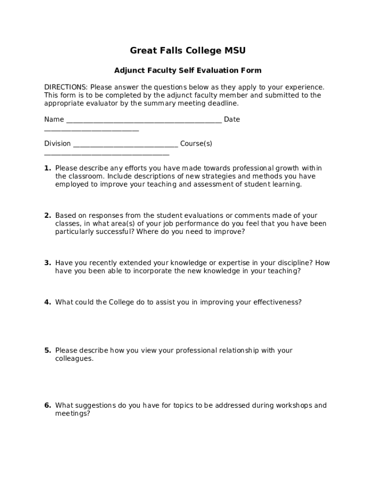 Adjunct Self-Evaluation - Faculty & Staff - facstaff gfcmsu Doc Template | pdfFiller