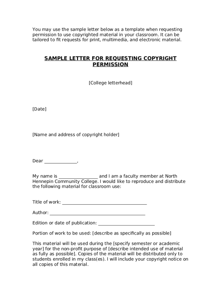SAMPLE LETTER TO BE USED WHEN REQUESTING COPYRIGHT PERMISSION Doc ...