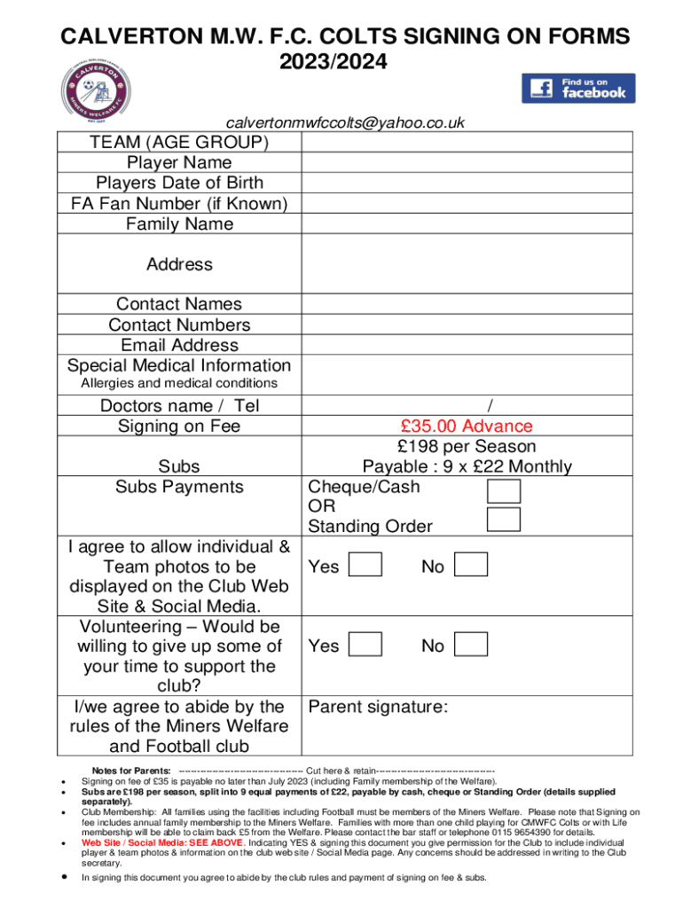 Fillable Online CALVERTON COLTS SIGNING ON FORMS Fax Email Print ...