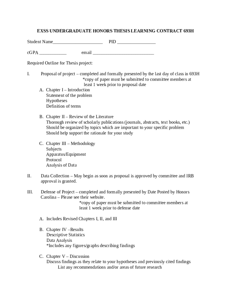 Senior Honors Thesis/Project Proposal - exss unc Doc Template | pdfFiller
