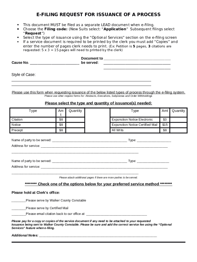 E-FILING REQUEST FOR ISSUANCE - Matagorda County Doc Template | pdfFiller