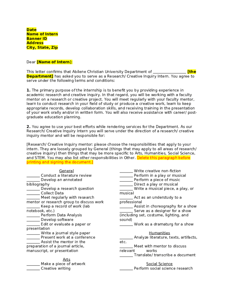 Date Name of Intern Banner ID Address - Studylib Doc Template | pdfFiller