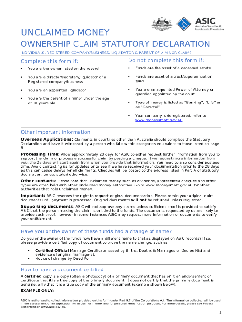 unclaimed money - ownership claim statutory declaration Doc Template ...